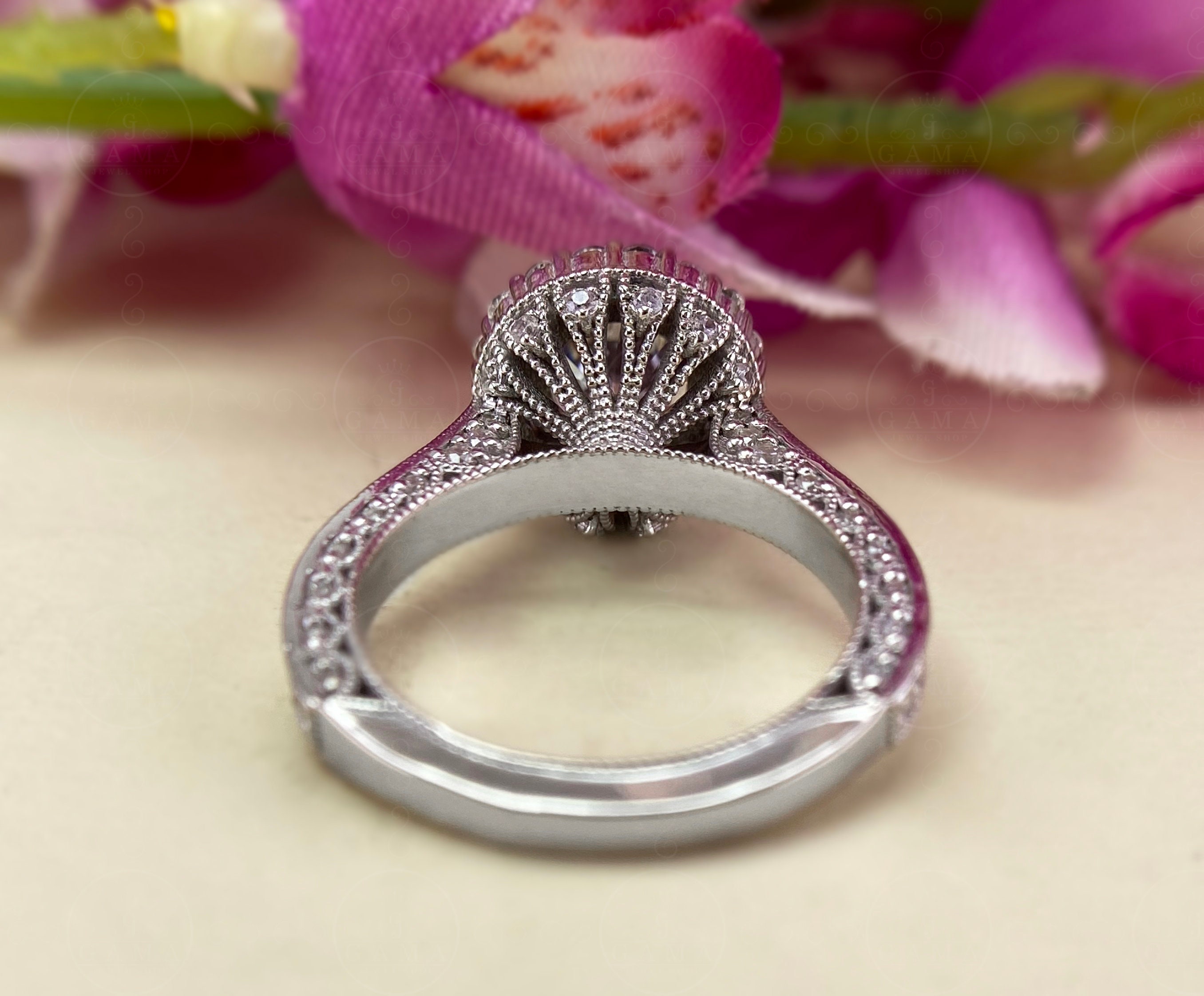 Moissanite Vintage Filligree Ring, Round Cut Halo Engagement Ring ...