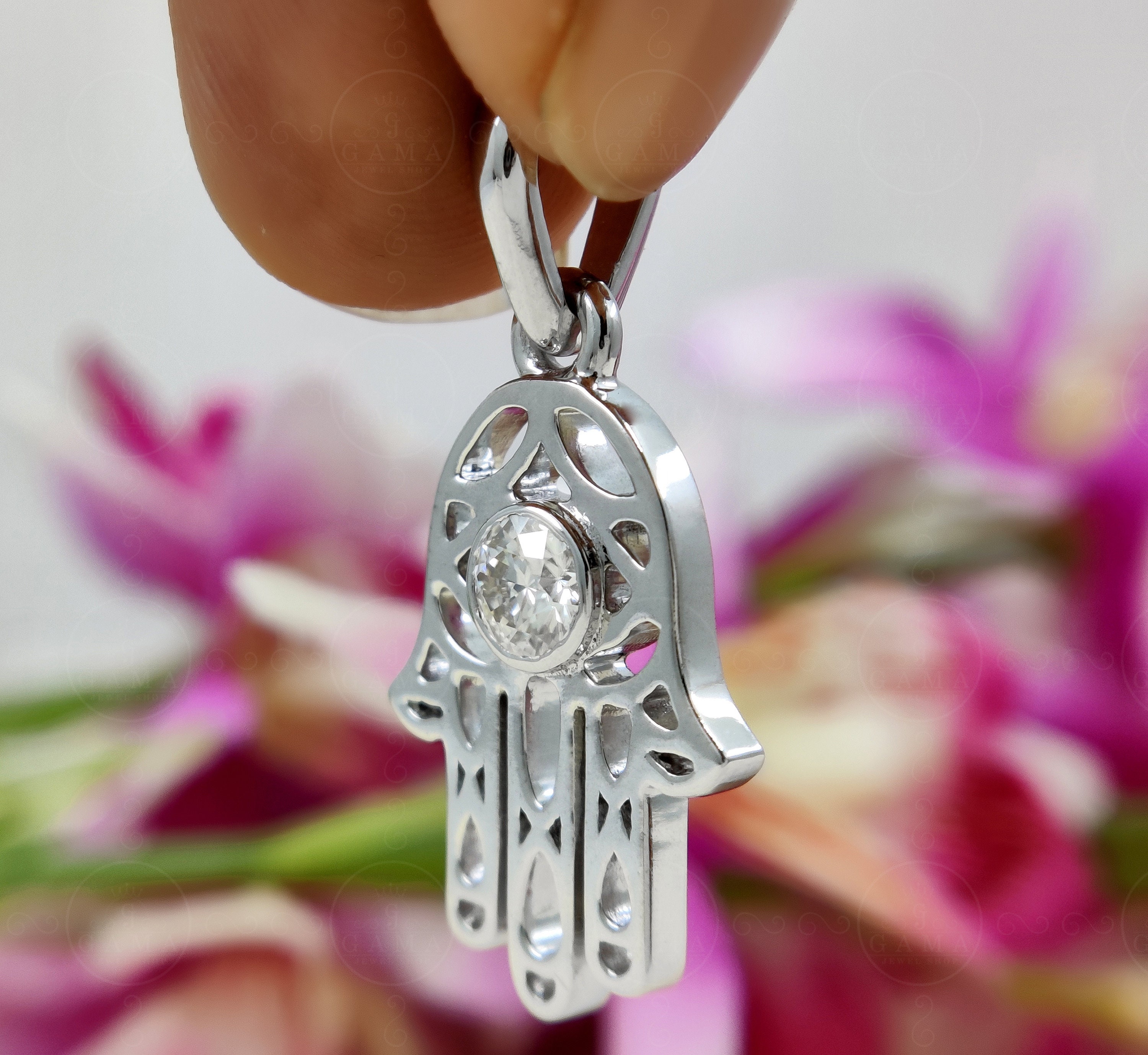 10K White Gold Hamsa Hand Pendant, Hand of Fatima Good Luck Charm, Hand ...