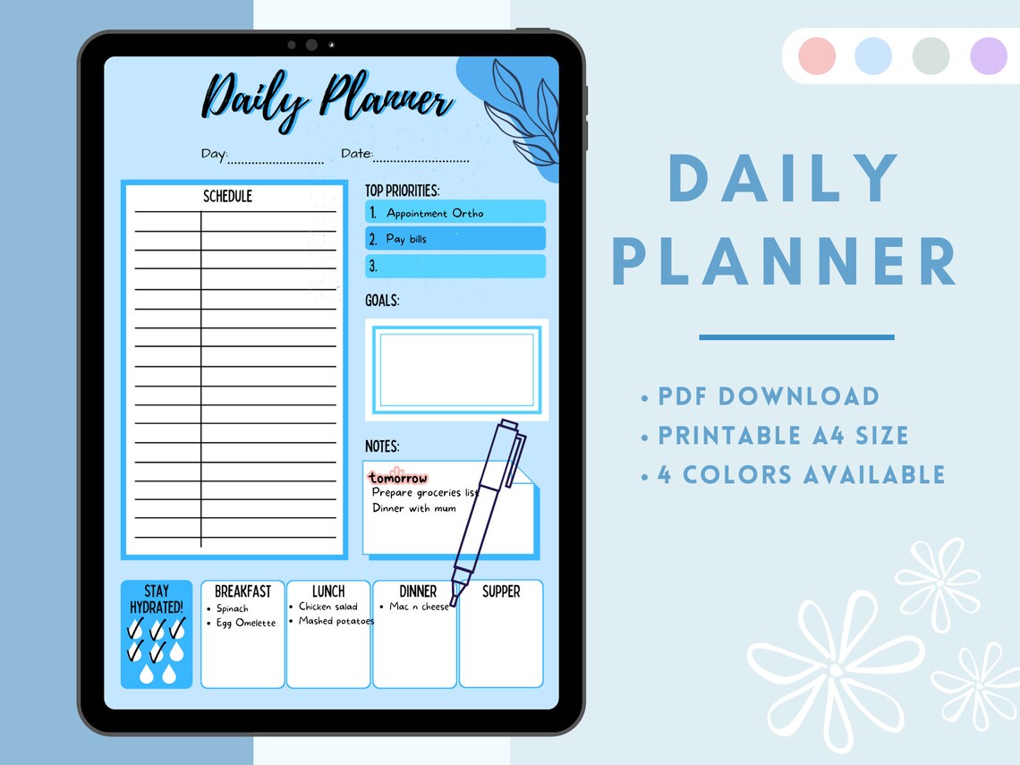 Printable Daily Planner, Productive Day, Schedule, Meal Planner ...