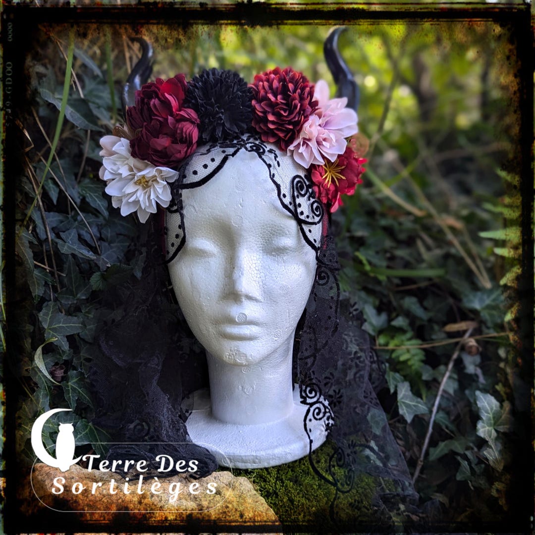 Devil Flower Crown With Horns and Veil Celebration Sabbat Rituals ...