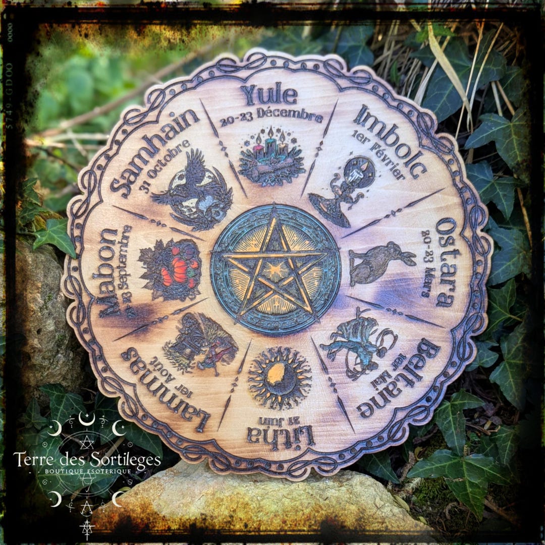 Wheel of the Year Pagan Calendar 30cm, Linden Wood Engraving Wicca ...