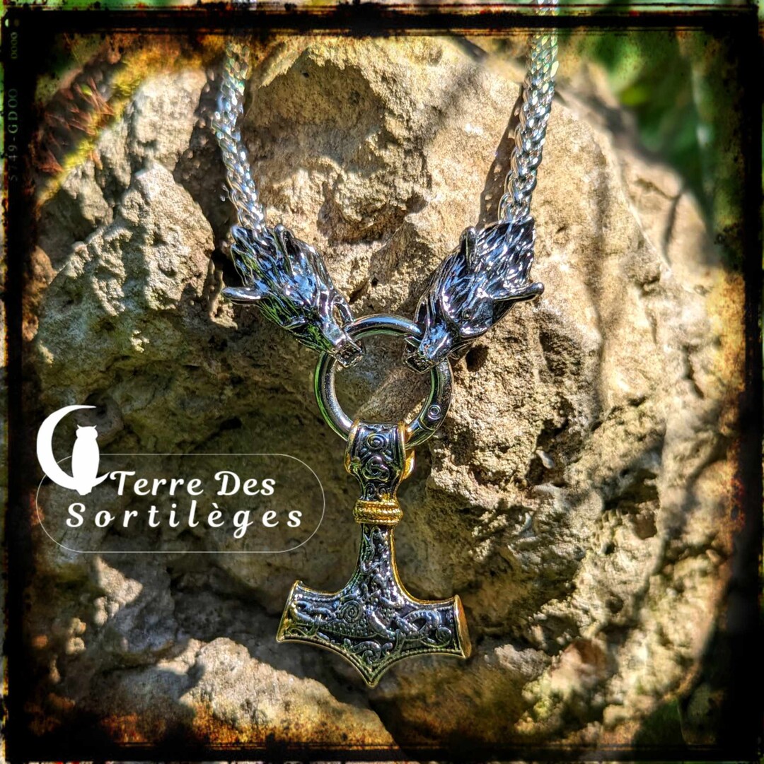 Mjolnir Pendant Silver and Gold Metal With Wolf Heads Metal Chain Gift ...