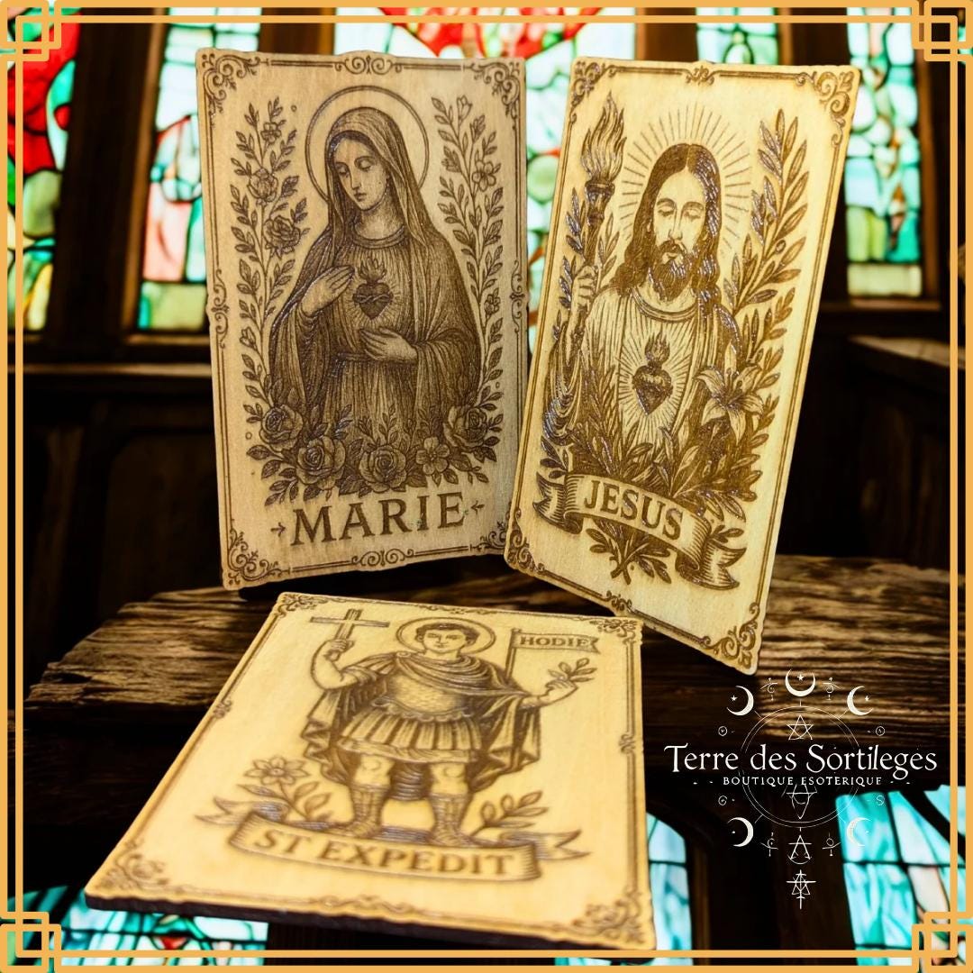 Sacred Engravings Wooden Icons Mary, Jesus and Saint Expeditus ...