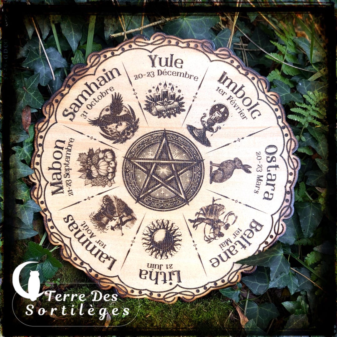 Wheel of the Year Pagan Calendar 30cm, Linden Wood Engraving Wicca ...