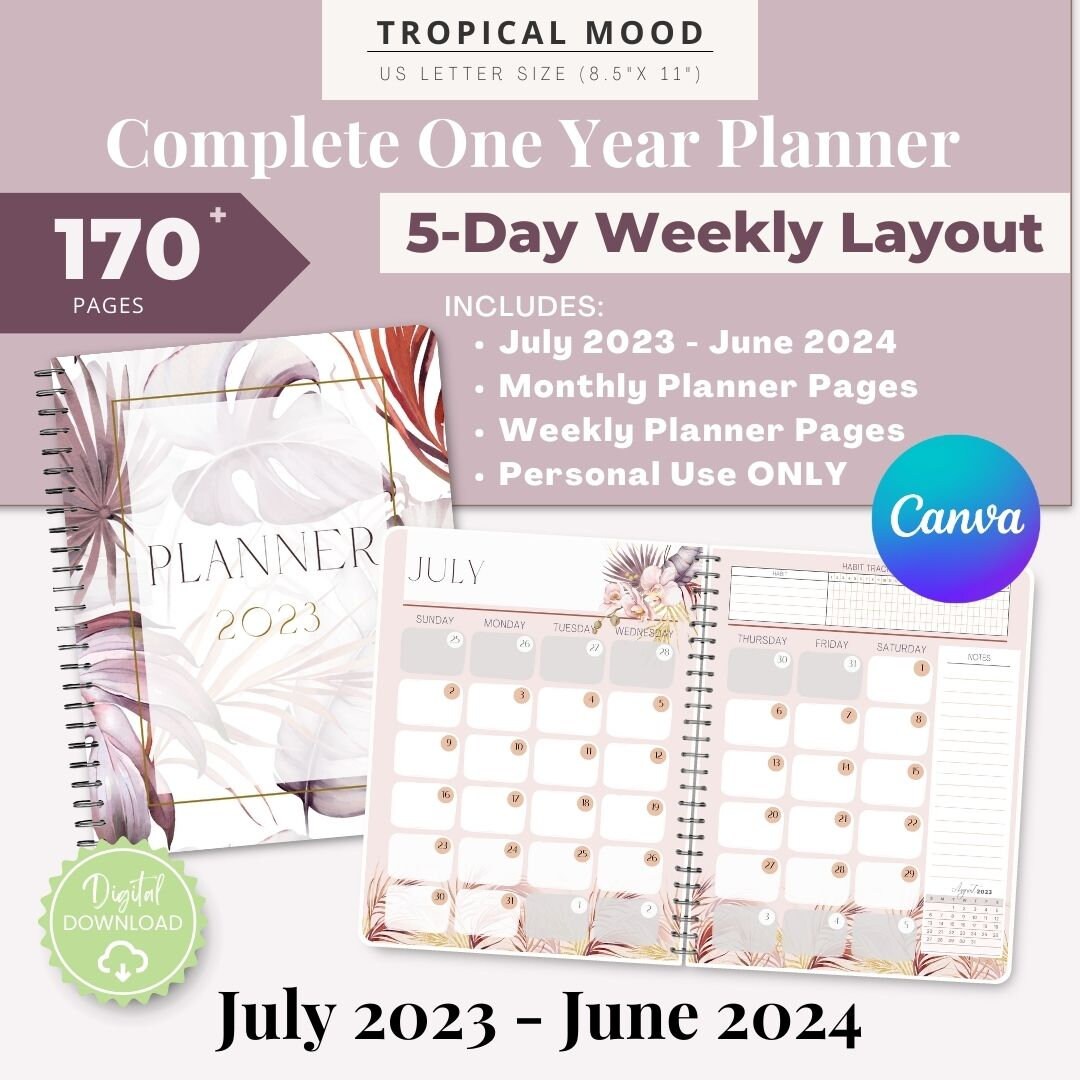 Printable One-year Planner | 2023-2024 Printable Planner | 5-day Weekly ...