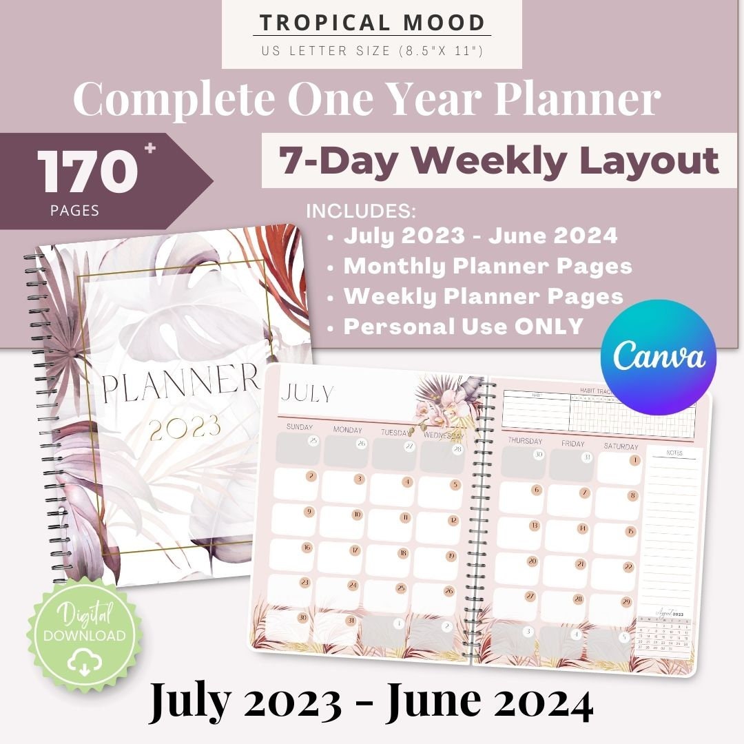 Printable One-year Planner | 2023-2024 Planner | 7-day Weekly Layout ...
