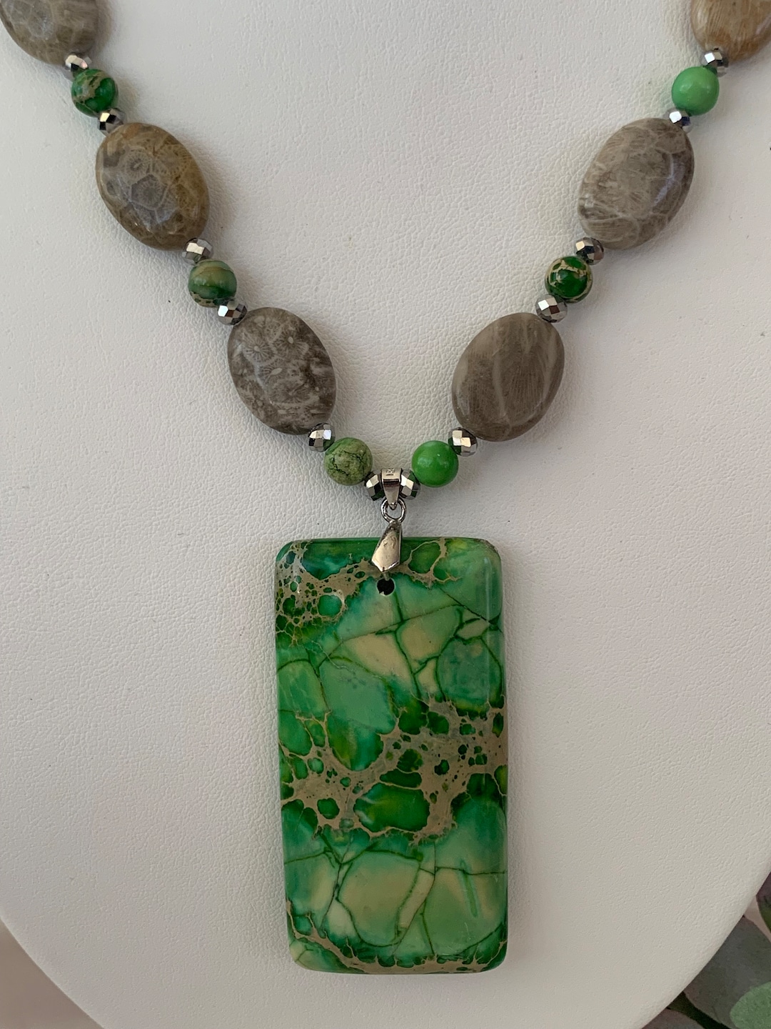 Green Variscite Stone Pendant and Agatized Coral Beads Necklace - Etsy