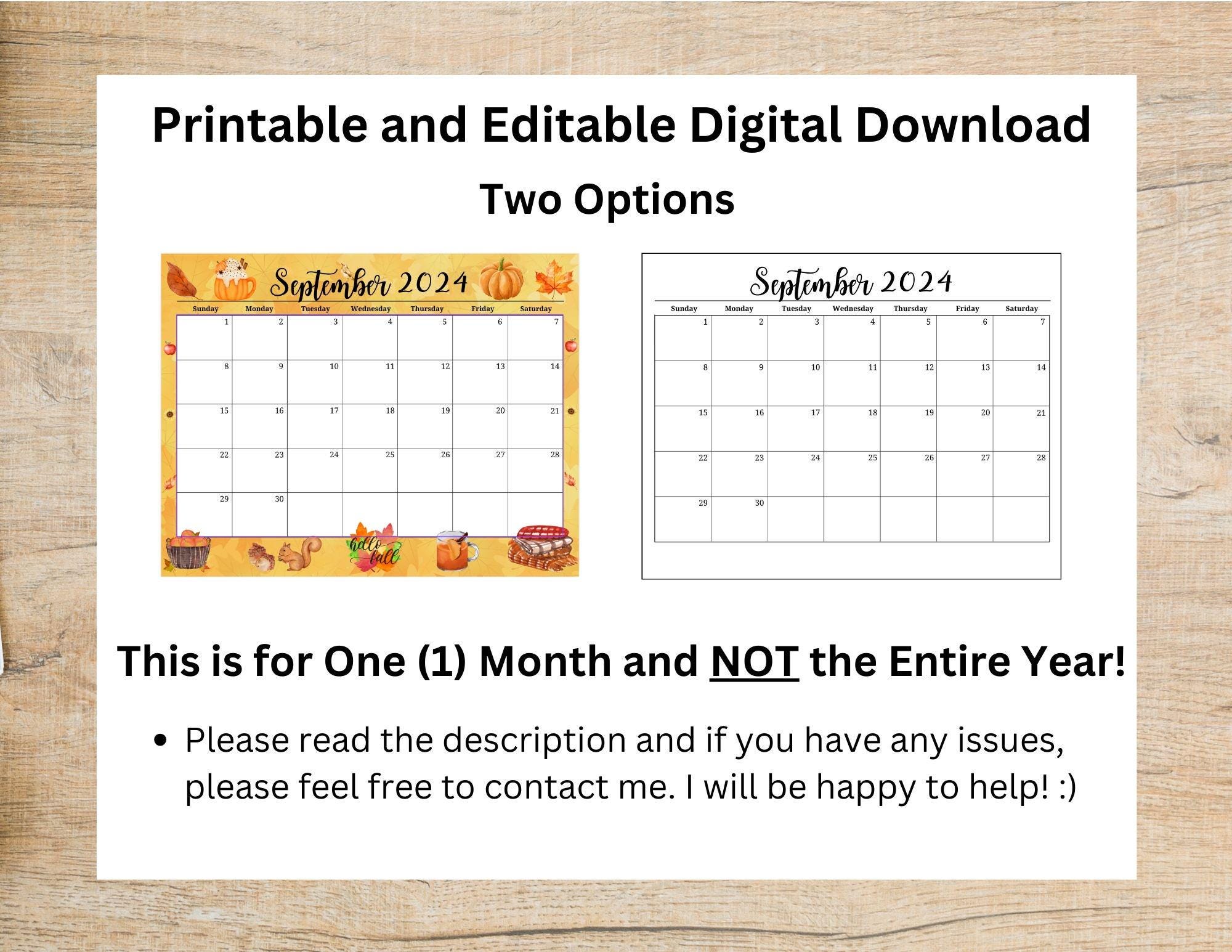 Editable and Printable September 2024 Calendar Fall-themed Monthly ...