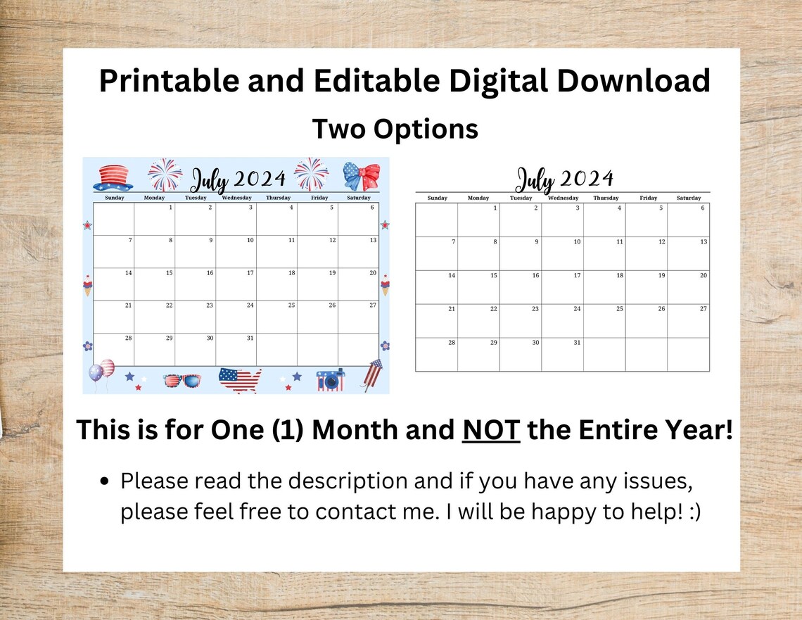 Editable July 2024 Calendar Printable Calendar Wall Decor Organizer ...