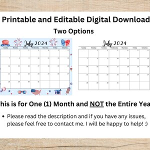 Editable July 2024 Calendar Printable Calendar Wall Decor Organizer ...