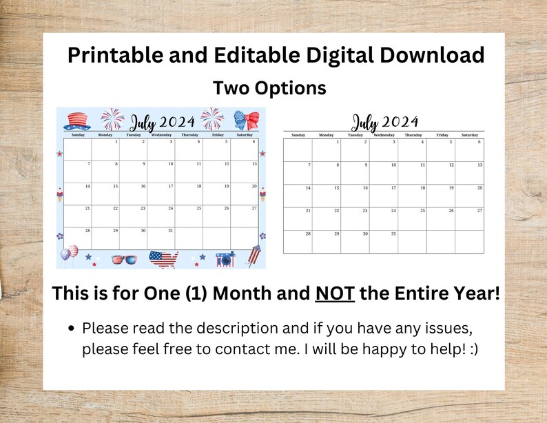 Editable July 2024 Calendar Printable Calendar Wall Decor Organizer ...