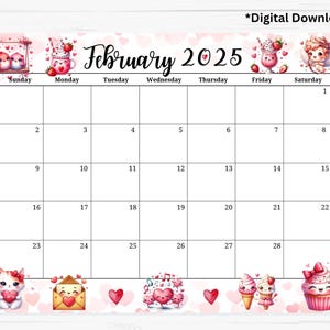 February 2025 Printable Calendar | Valentine's Day Theme | Illustrated ...