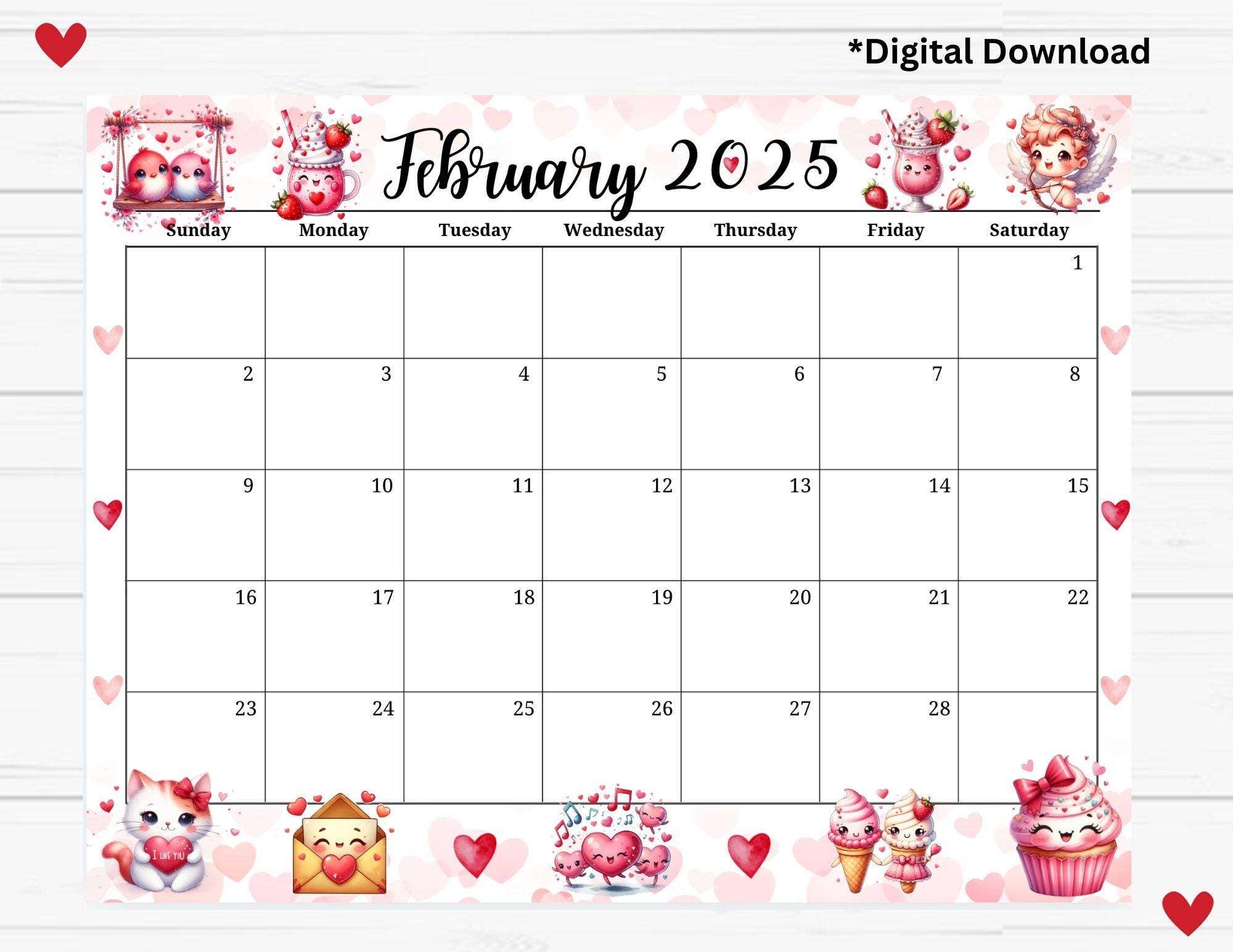 February 2025 Printable Calendar | Valentine's Day Theme | Illustrated ...