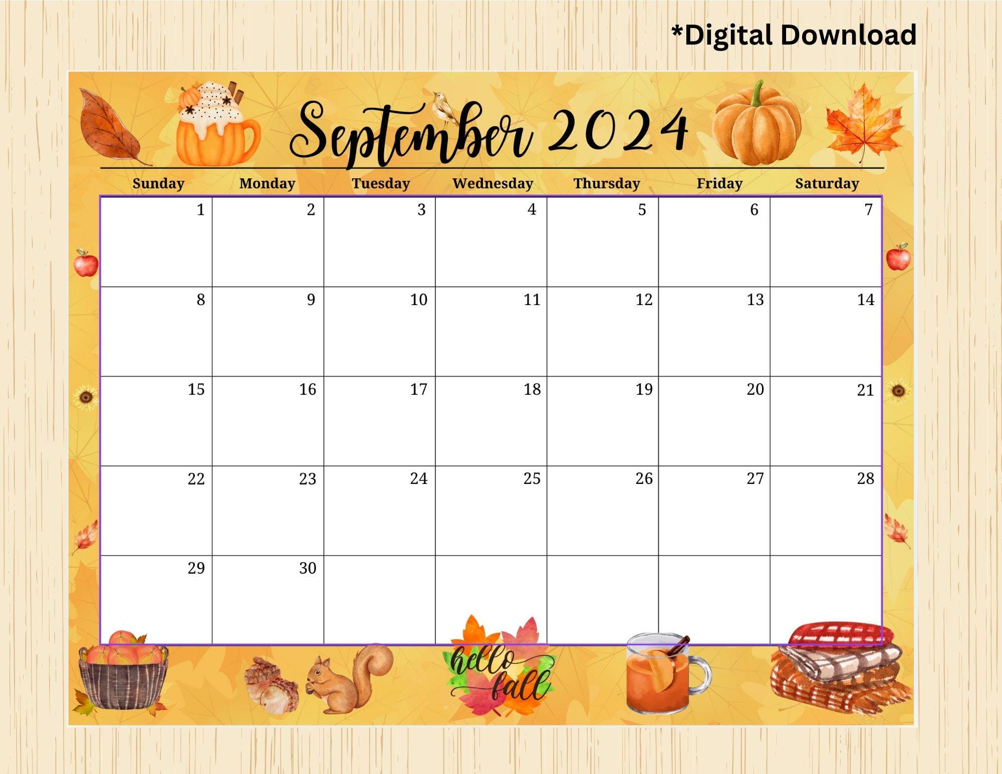 Editable and Printable September 2024 Calendar Fall-themed Monthly ...