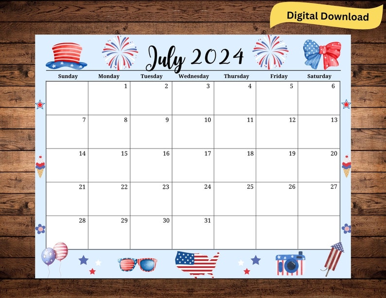 Editable July 2024 Calendar Printable Calendar Wall Decor Organizer ...