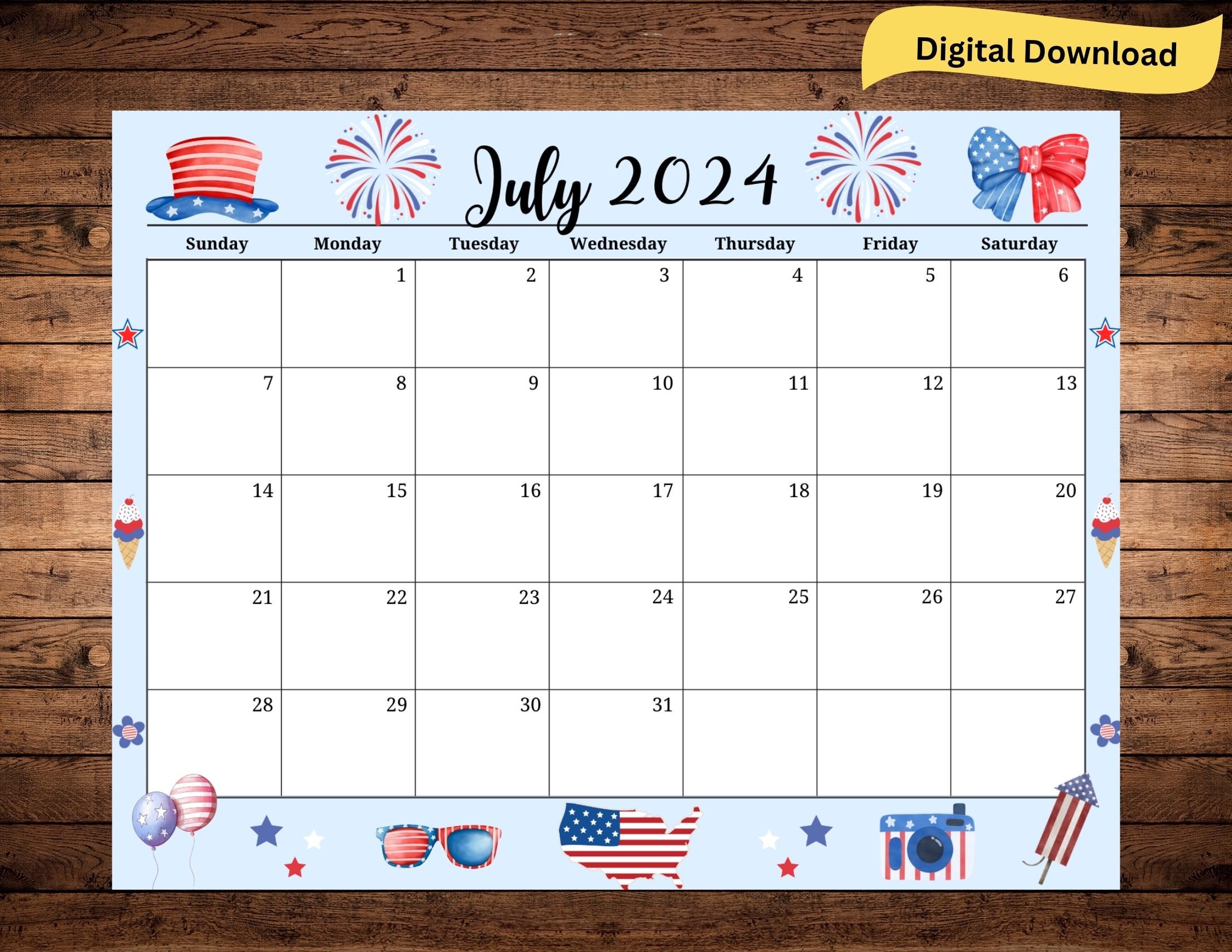 Editable July 2024 Calendar Printable Calendar Wall Decor Organizer ...