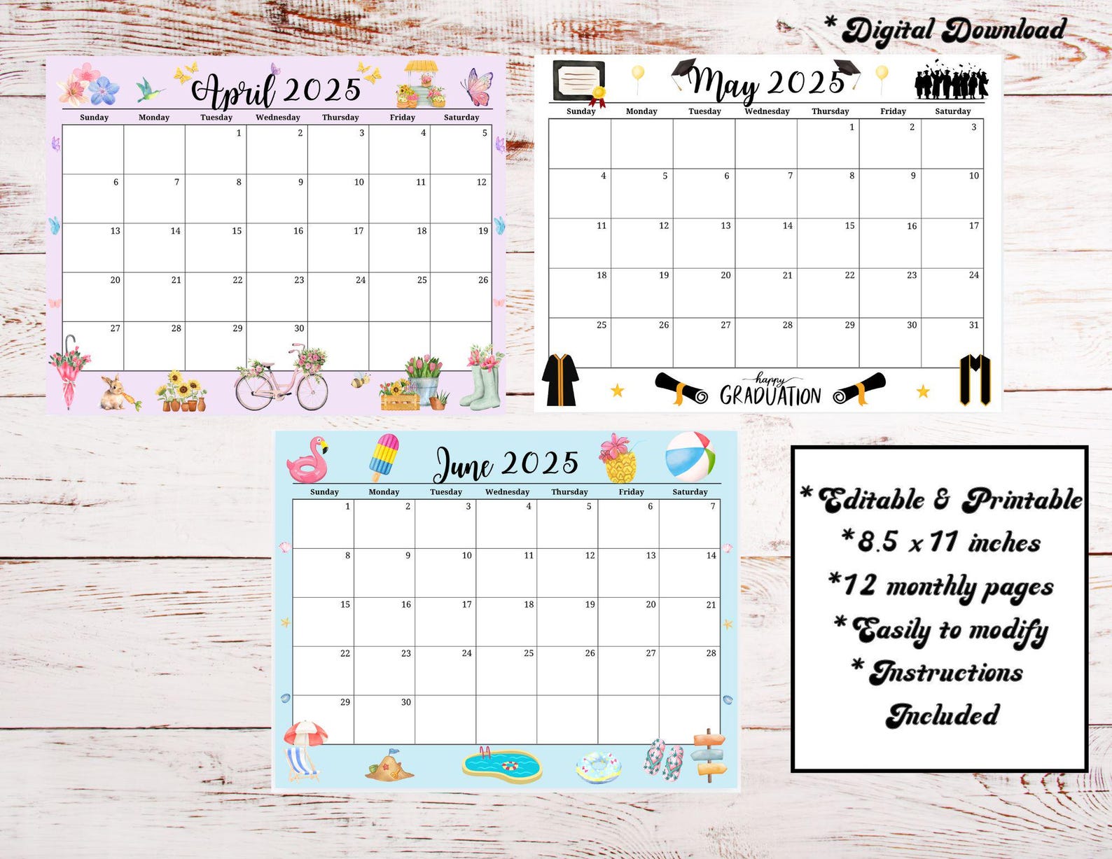 Editable and Printable 2024-2025 Calendar Customizable Monthly Planner ...