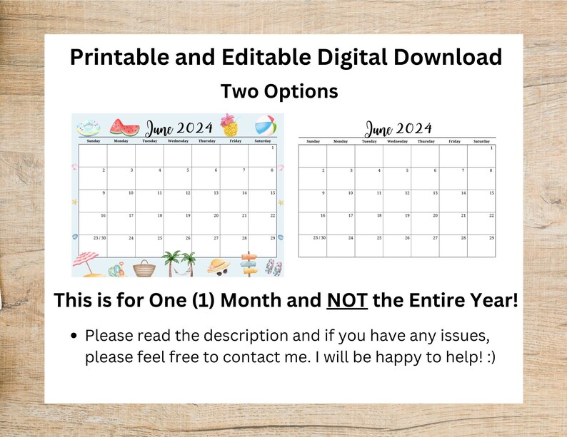 Buy Editable June 2024 Calendar Printable Calendar Wall Decor Organizer ...