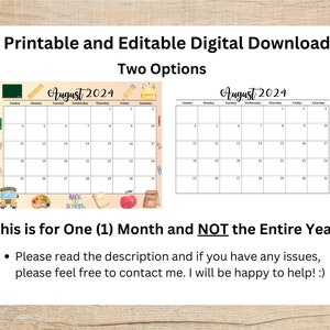 Editable August 2024 Calendar Printable Back-to-school Planner Monthly ...