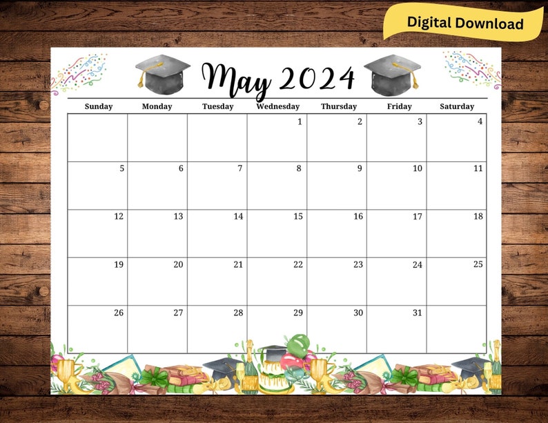 Buy Editable May Calendar 2024 Graduation Theme Printable Calendar ...
