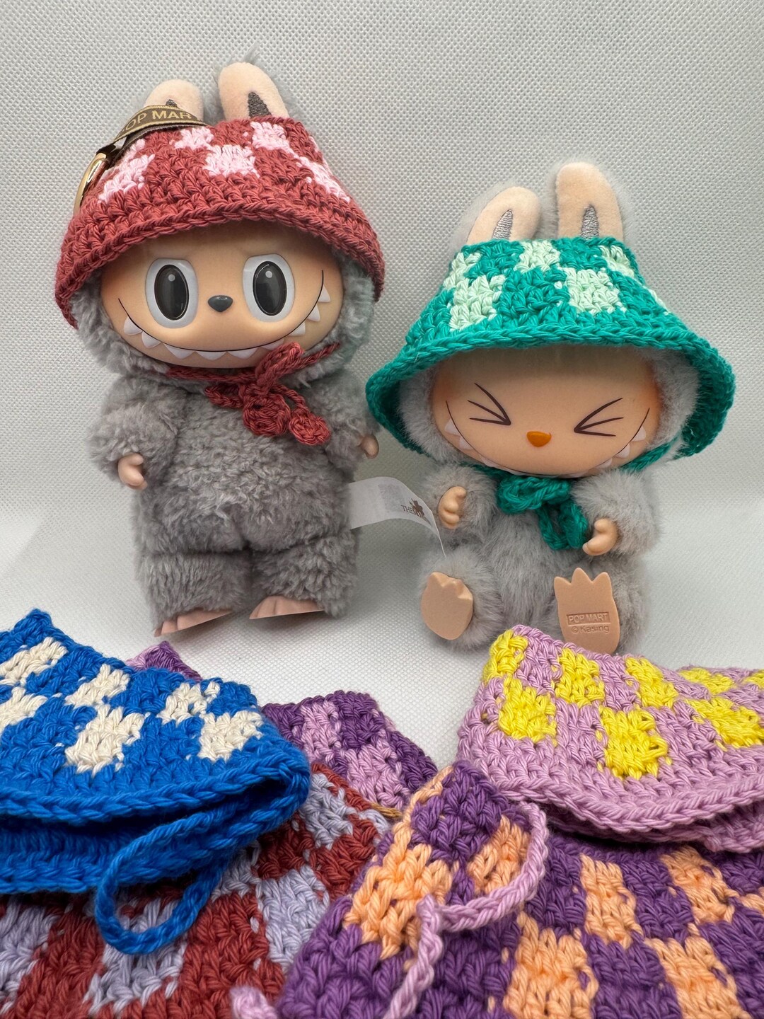 V3: Labubu Hand Knit / Crochet Checkered Bucket Hat - Etsy