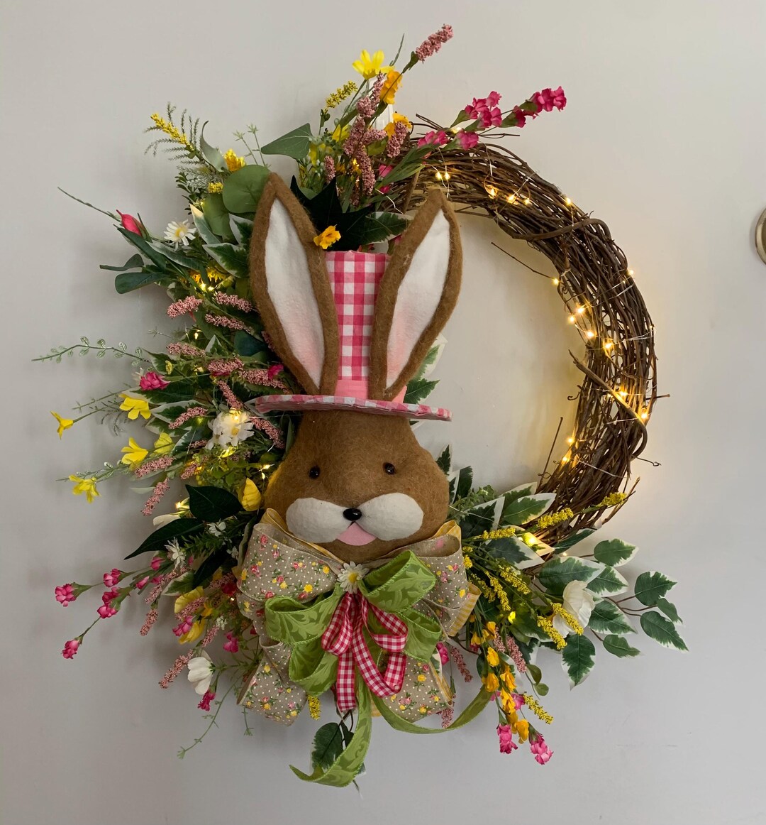 Pre-lit Easter Bunny Wreath, Floral Grapevine, LED Lights - Etsy
