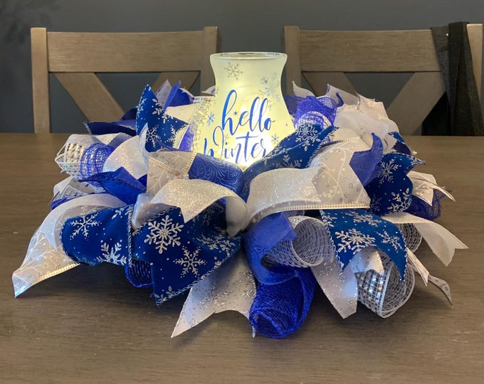 Lighted Winter Snowflake Centerpiece, Blue and Silver Table Centerpiece ...