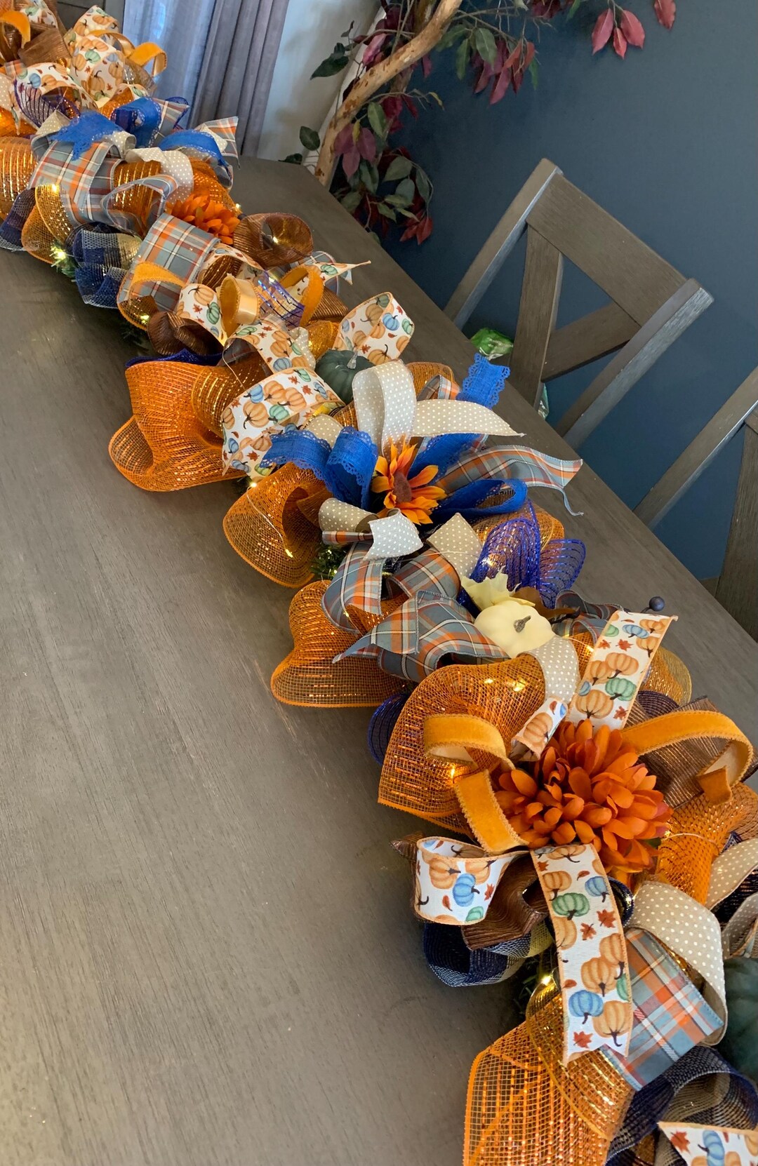 Pre Lit Fall Garland, Blue and Rust Fall Garland With Lights, Autumn ...