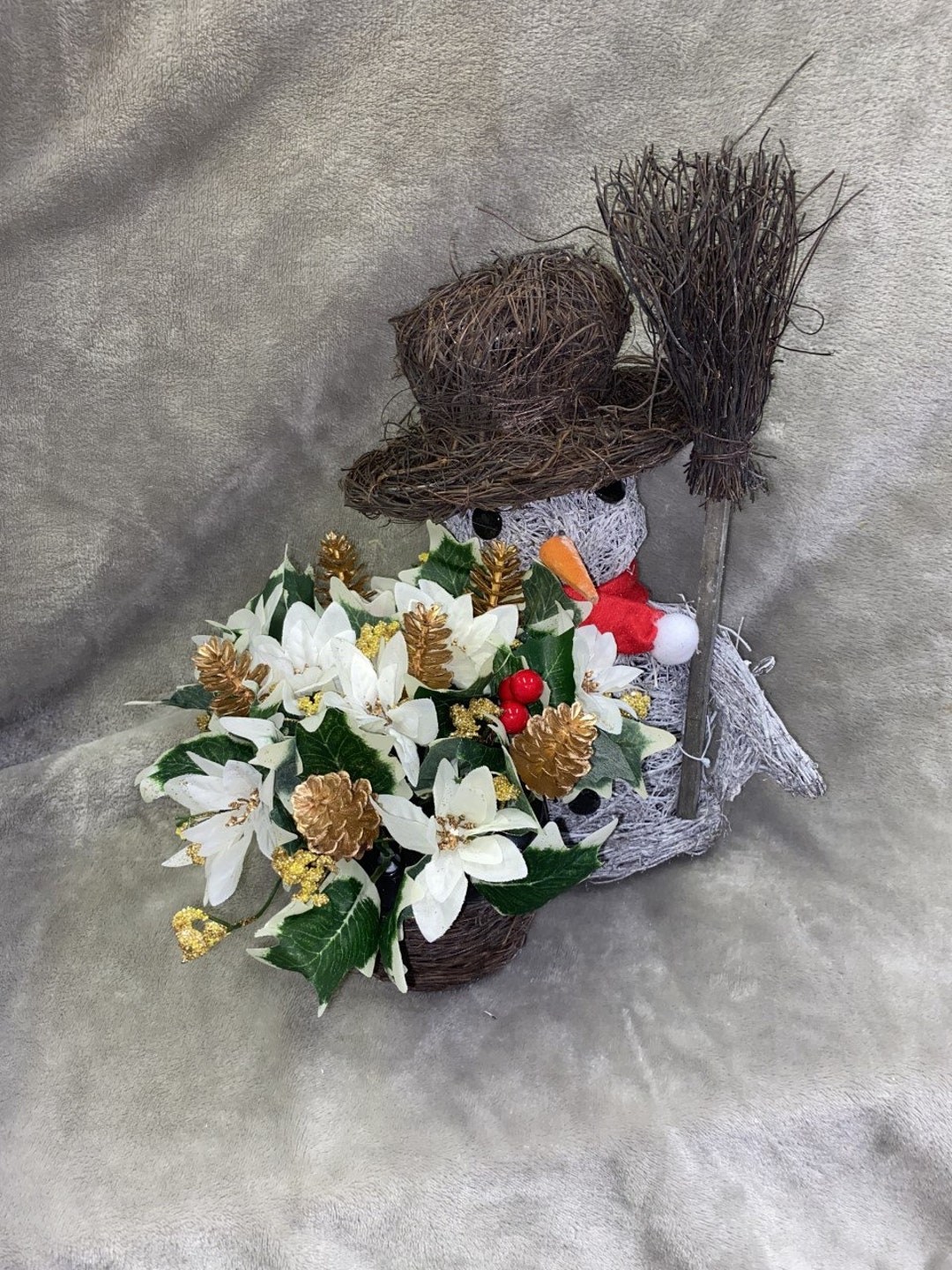 Snowman Christmas Planter With Grave Pots With Xmas Flowers Poinsettia ...