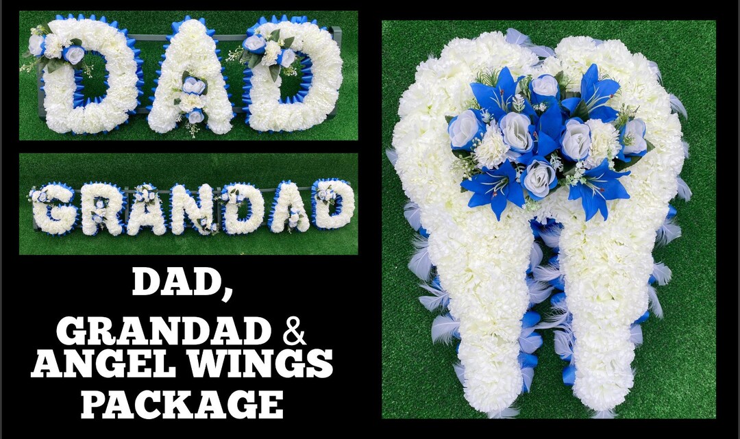DAD GRANDAD Letters & ANGEL Wings Funeral Memorial Tribute Artificial ...