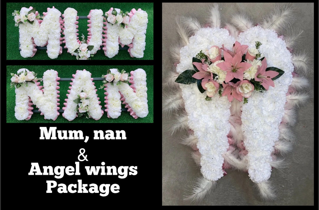 MUM NAN Letters & ANGEL Wings Funeral Memorial Tribute Artificial ...