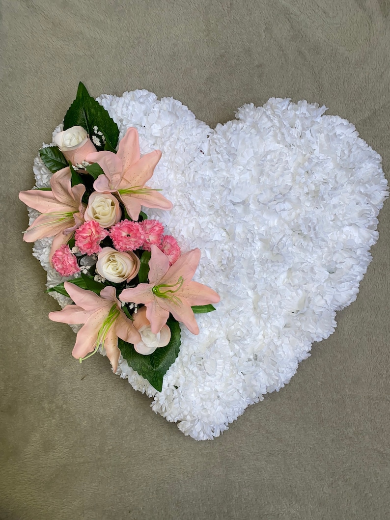PINK and WHITE Heart Funeral Memorial Tribute Artificial Flowers Silk ...