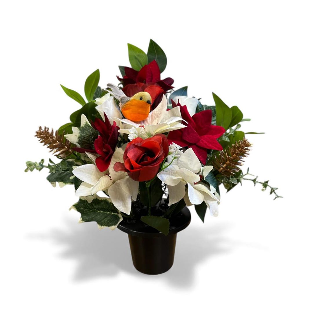 ROBIN CHRISTMAS FLOWER Grave Pots Crem Flat Backed Silk Artificial ...