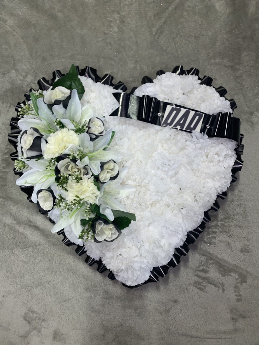 BLACK and WHITE Heart Funeral Memorial Tribute Artificial Flowers Silk ...
