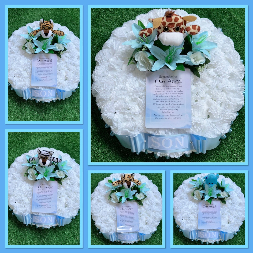 TEDDY Bear & POEM ROUND Pillow Silk Artificial Funeral Memorial Flowers ...
