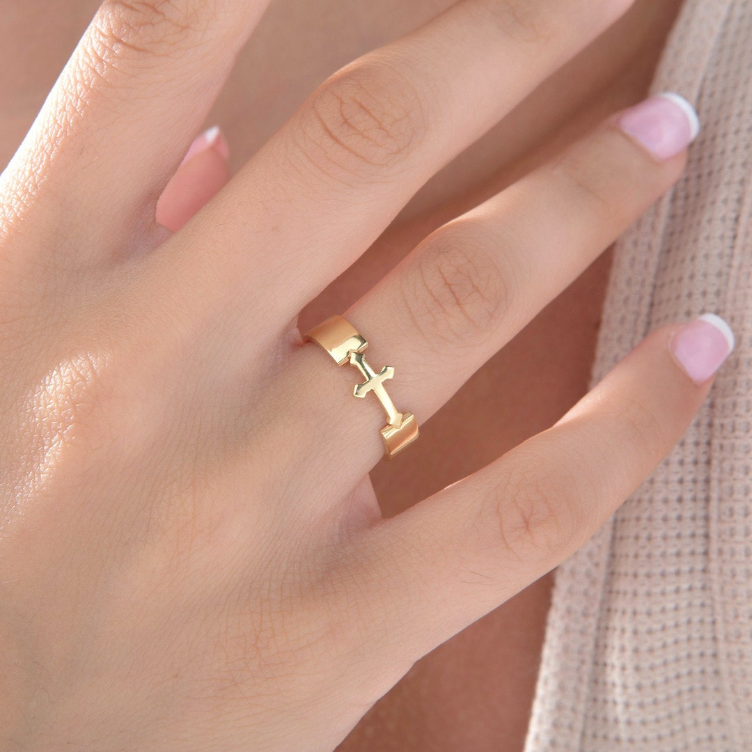 14K Solid Gold Cross Ring, Religious Jewelry Gift - Etsy