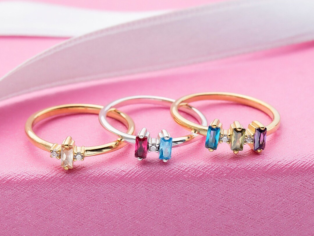 Silver Family Birthstone Rings for Mom, 14K Gold Birthstone Baguette ...