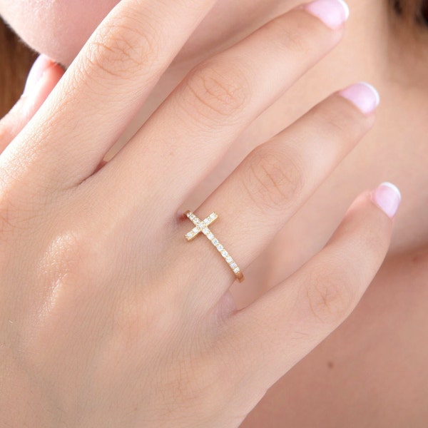 Gold & Diamond Cross Ring - Etsy