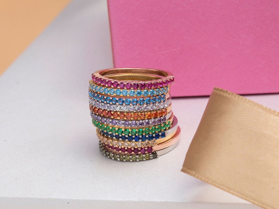 14K Gold Stacking Birthstone Rings, Gifts for Mom, 18K Stackable Half ...