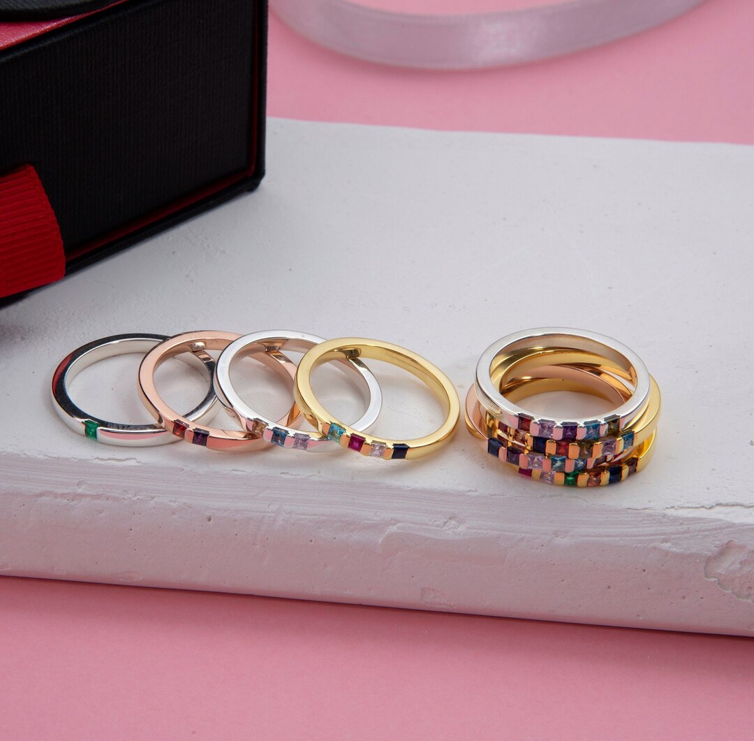 Custom Made Birthstone Rings, 14K Princess Birthstone Ring, Silver ...