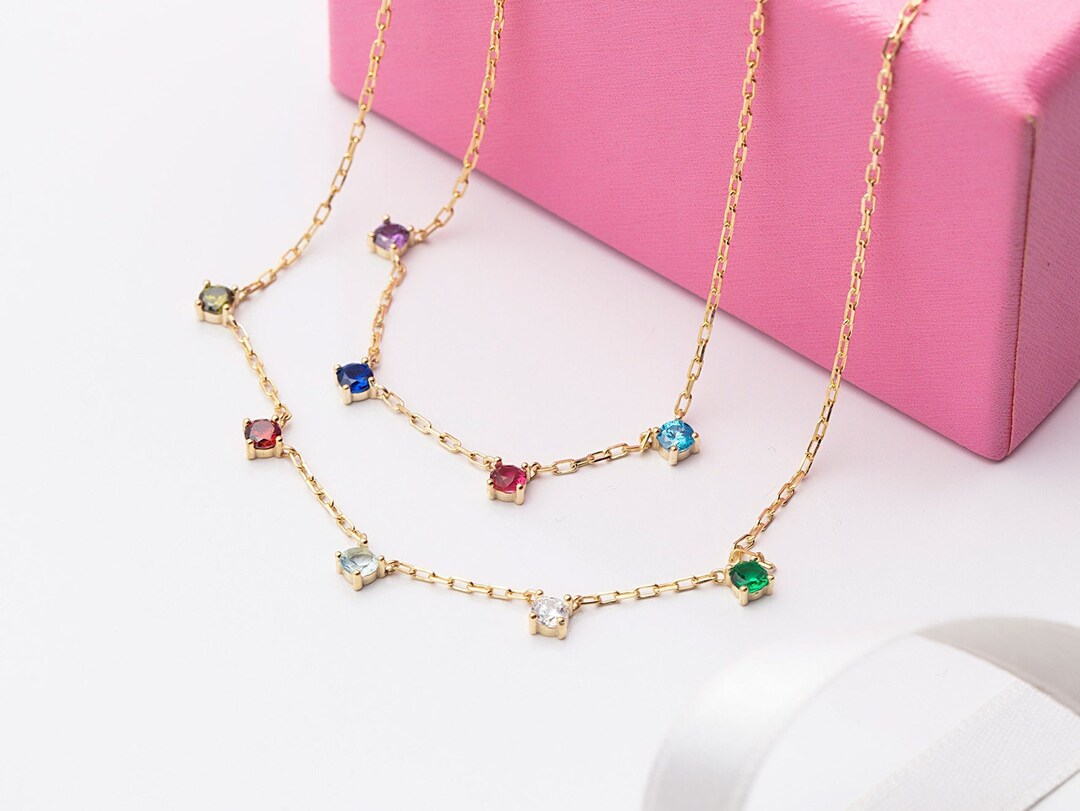 Silver Spaced Multi Birthstone Necklace, 14K Gold Birthstone Necklace ...