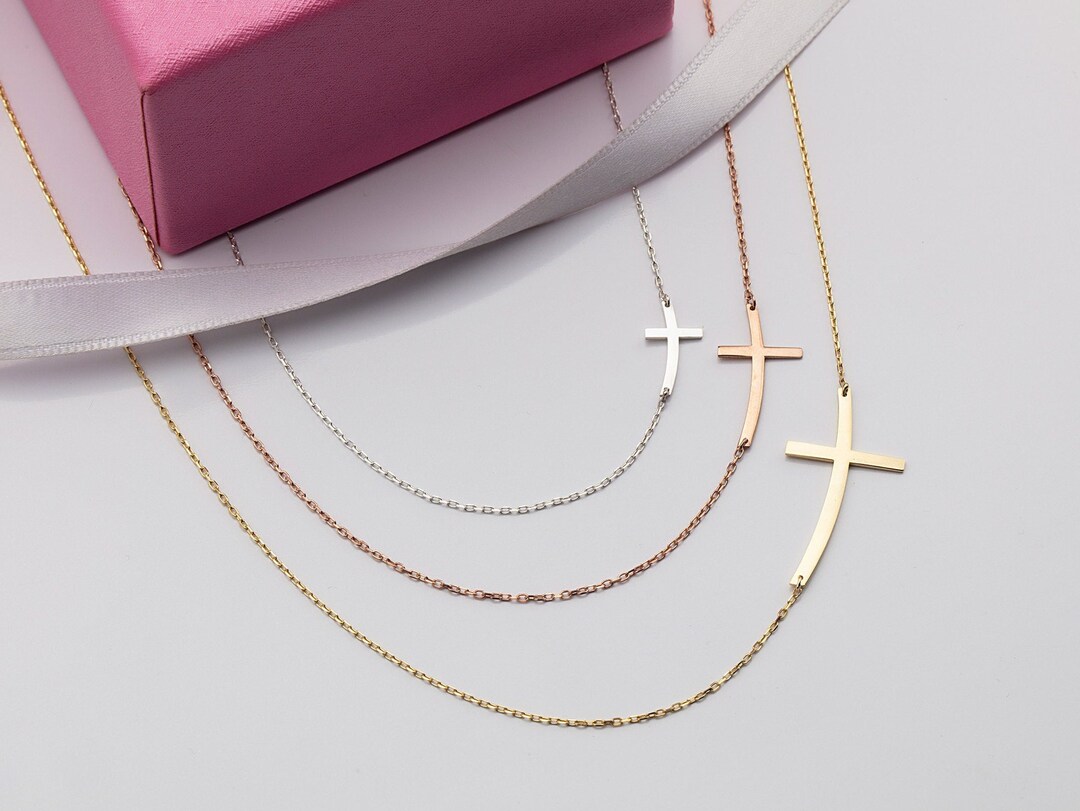 Silver Sideways Curve Cross Necklace, 14K Gold Dainty Curve Cross ...