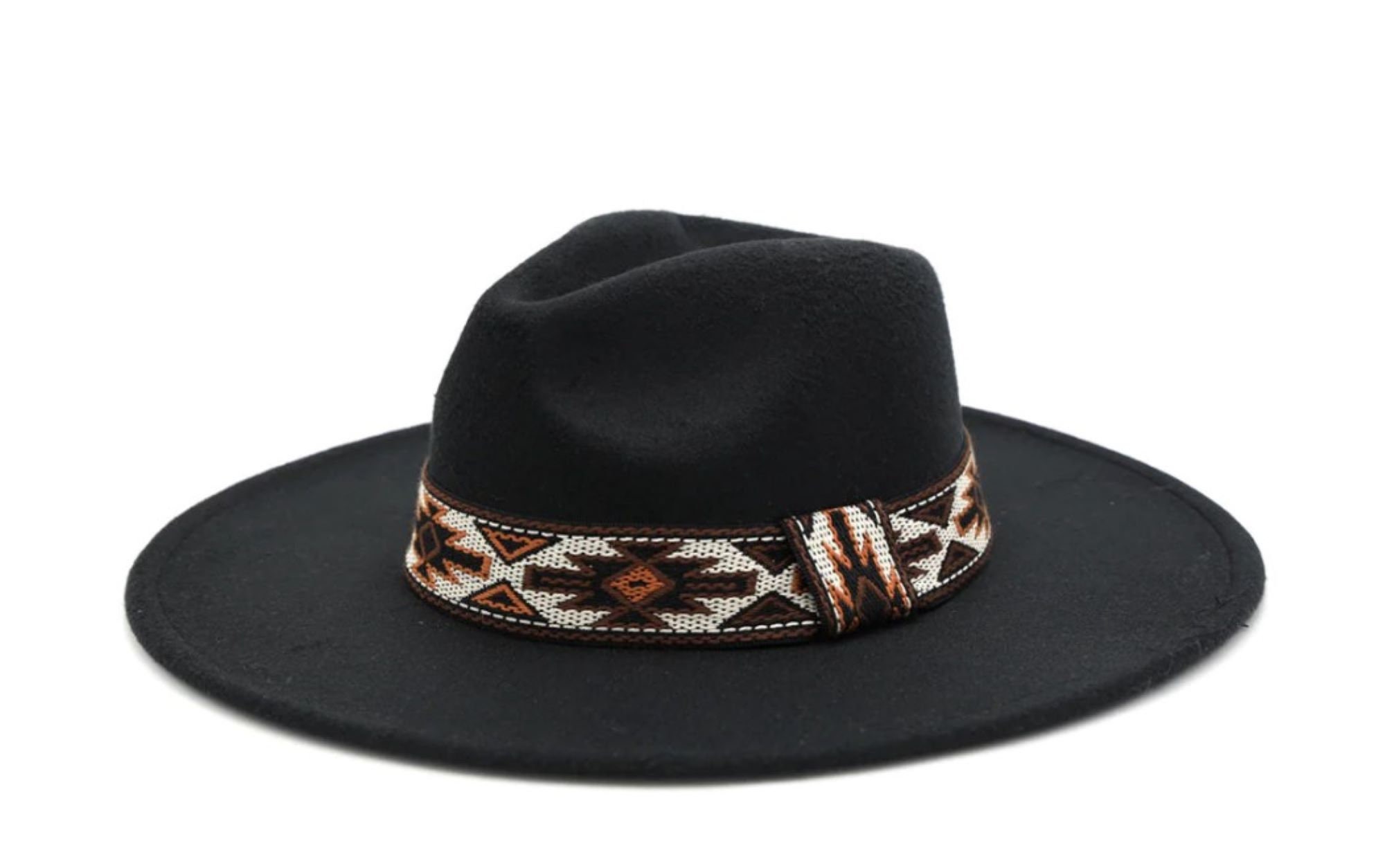 Women's Wide Brim Hat, Aztec Print Band, Felt Fedora, Flat Brim Hat ...