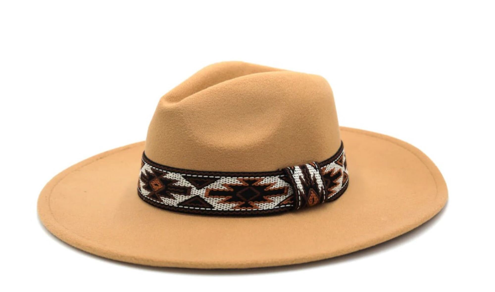 Women's Wide Brim Hat, Aztec Print Band, Felt Fedora, Flat Brim Hat ...