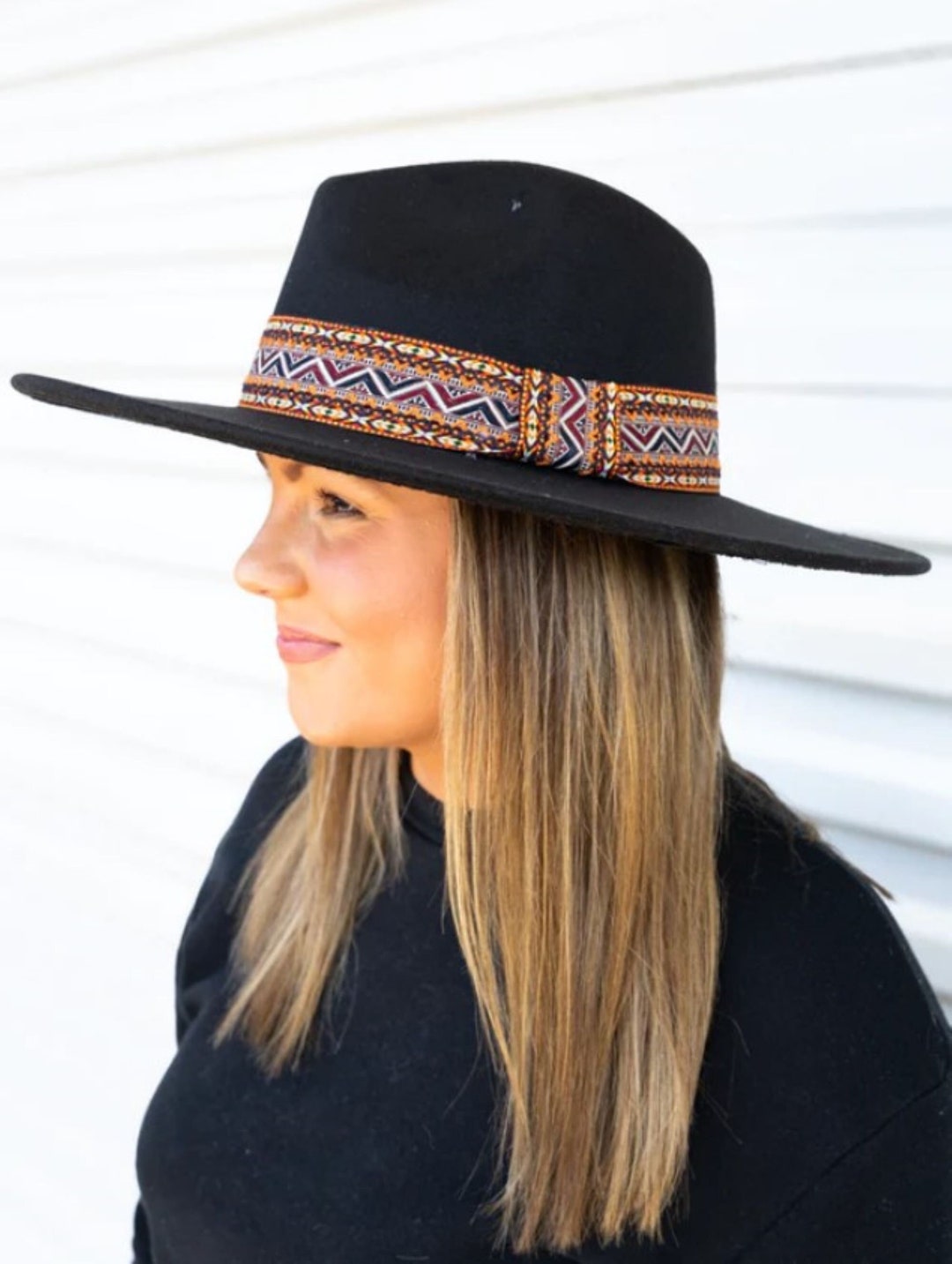 Women's Wide Brim Hat Aztec Print Band Felt Fedora Flat - Etsy