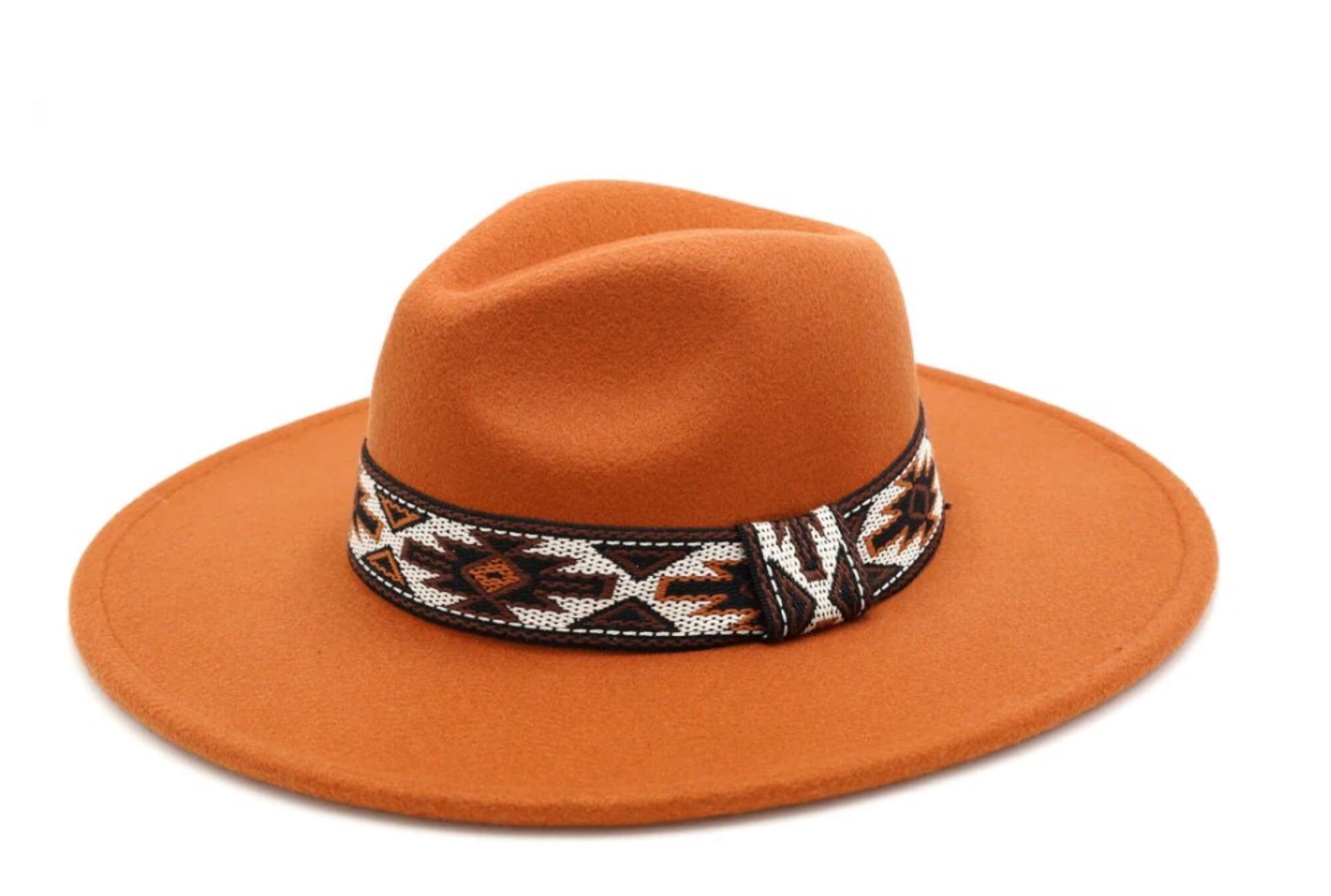 Women's Wide Brim Hat, Aztec Print Band, Felt Fedora, Flat Brim Hat ...