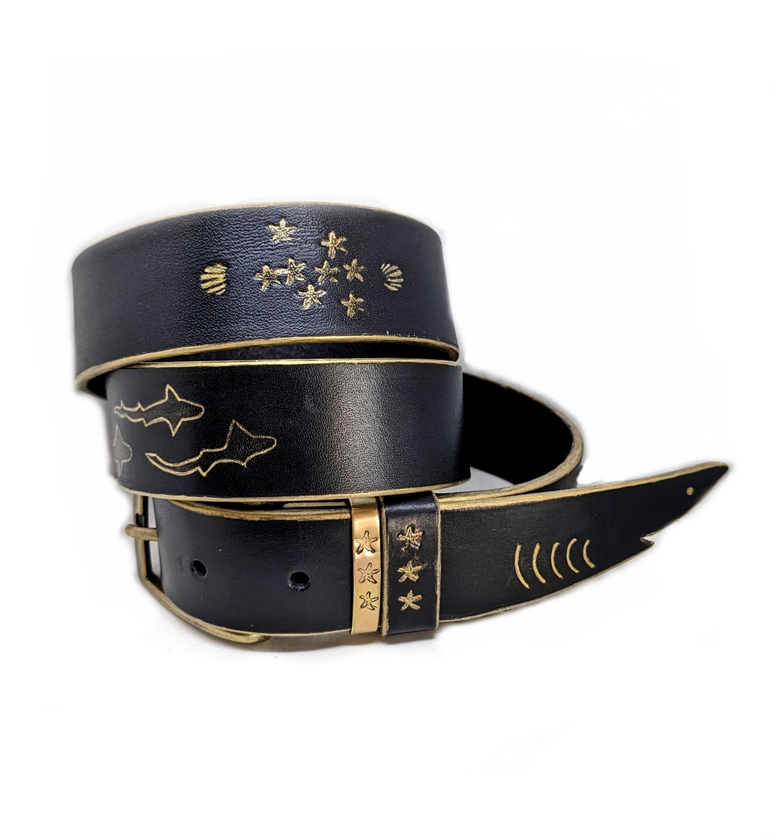 SHARK Belt, Starfish and Shells, Black and Gold Leather, Aged Brass ...