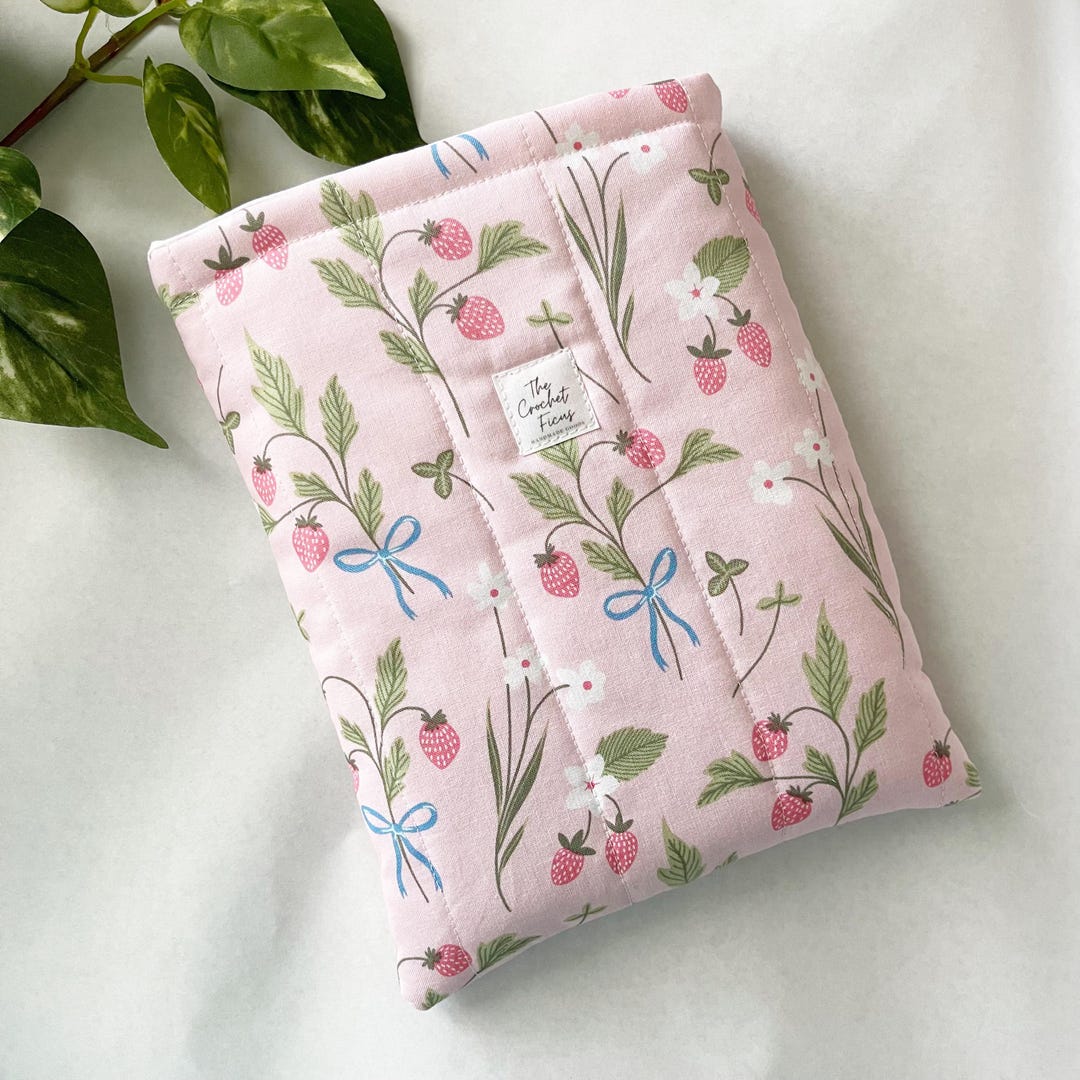 Quilted Book Sleeve Paperback Book Protector With Pink Strawberries and ...