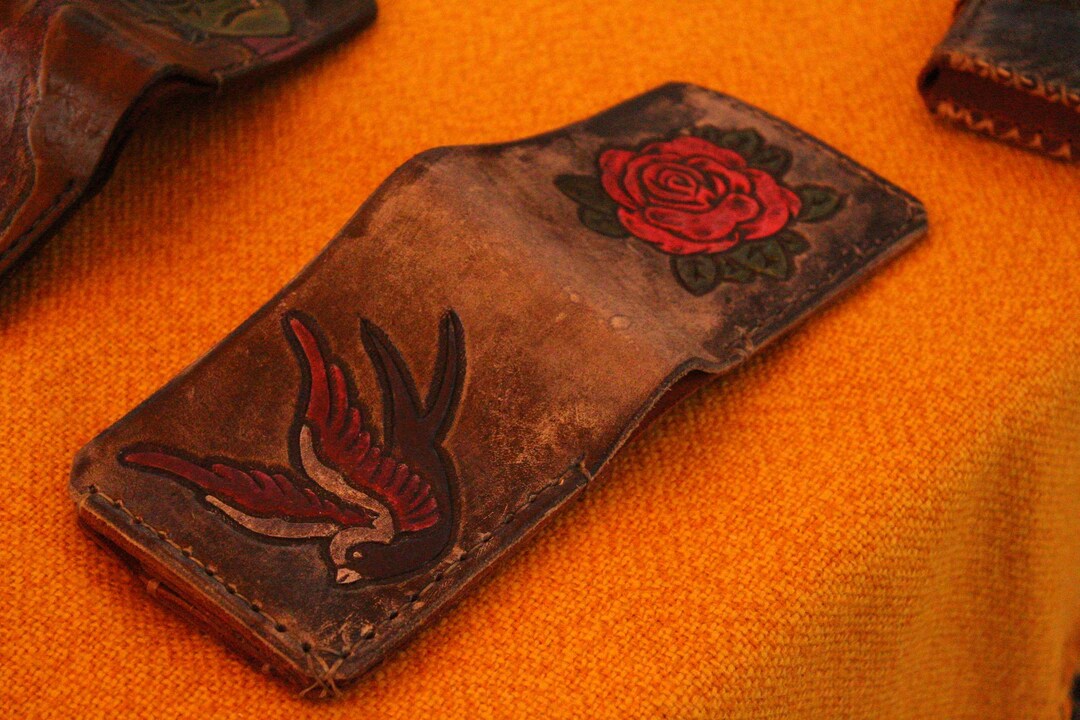 Vintage Old School Wallet – Handmade Leather With Rose & Swallow ...
