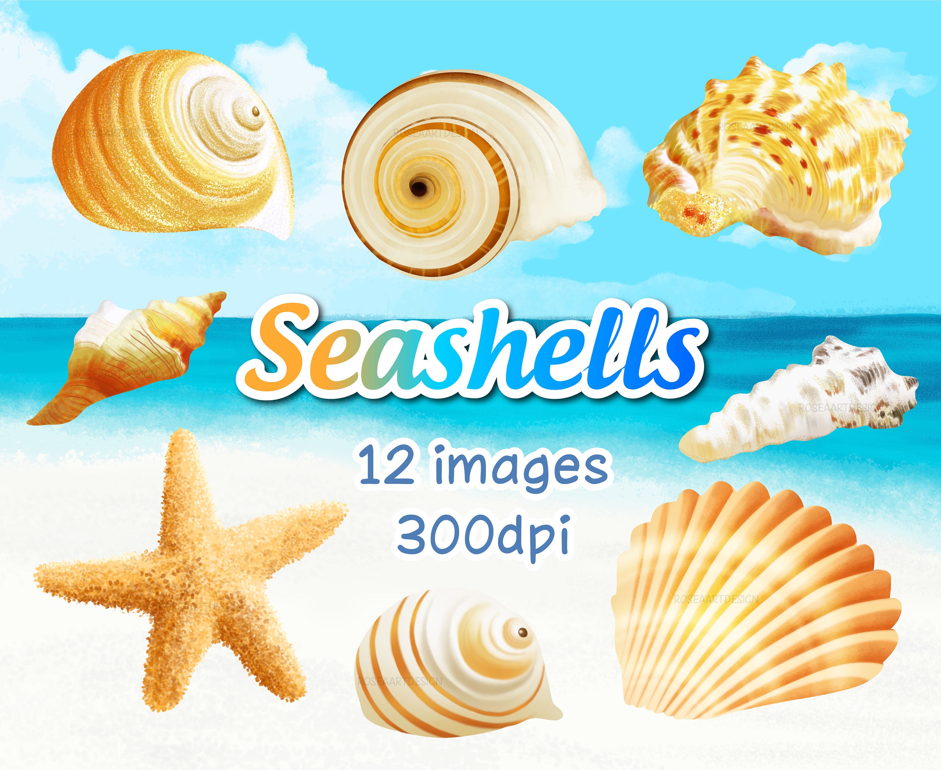 Watercolor Seashells Clipart, Starfish Clipart, Seascape Background ...